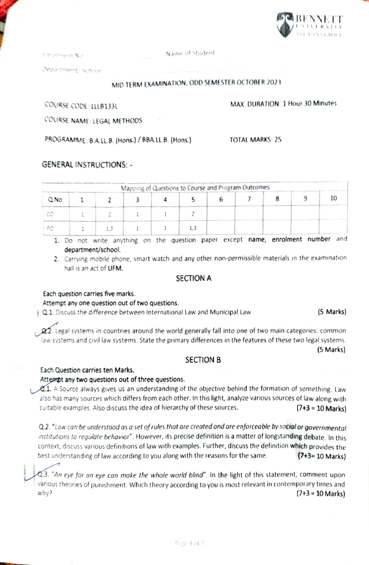 legal methods question paper-bennett university - tnoent No COURSE CODE ...