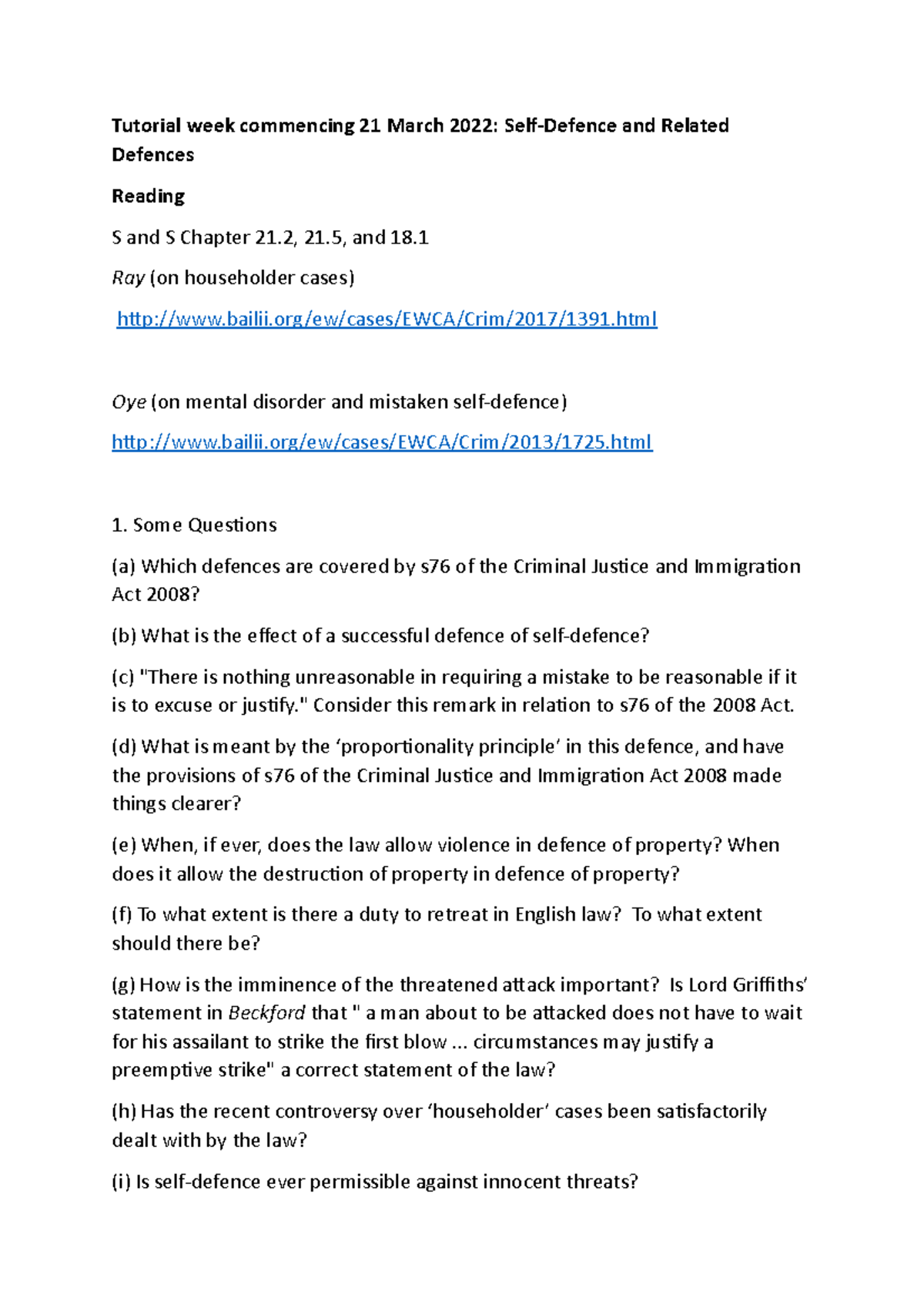 Tutorial week commencing 21 March 2022 self defence and related ...