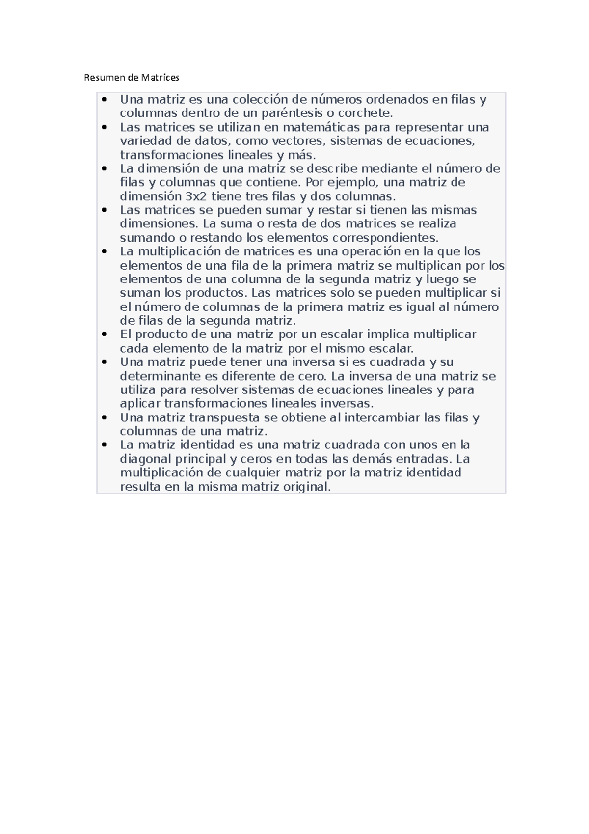 Matrices - aswer - Resumen de Matrices Una matriz es una colección de ...