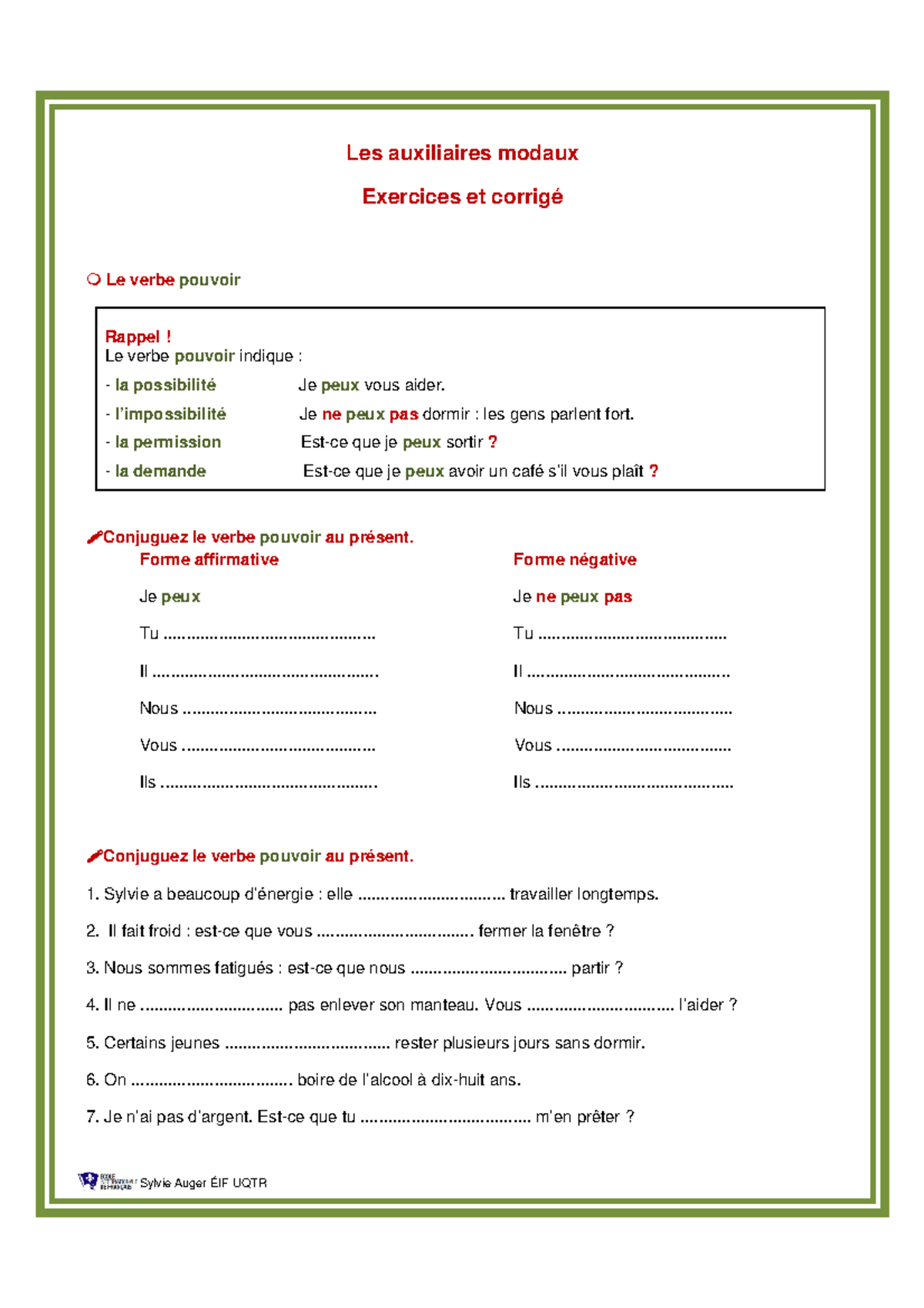 Verbos modales - Les auxiliaires modaux Exercices et corrigé Le verbe ...