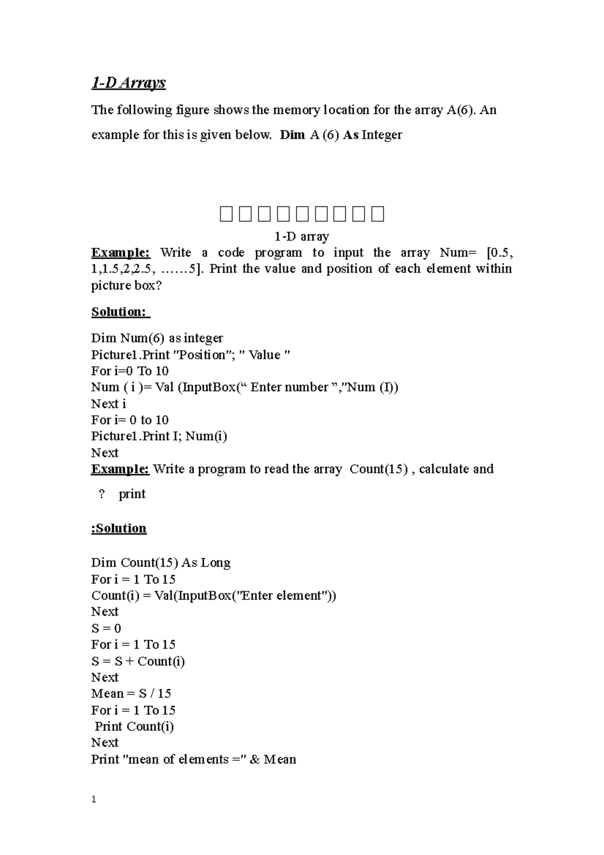 Arrays Programing 1 D Arrays The Following Figure Shows The Memory