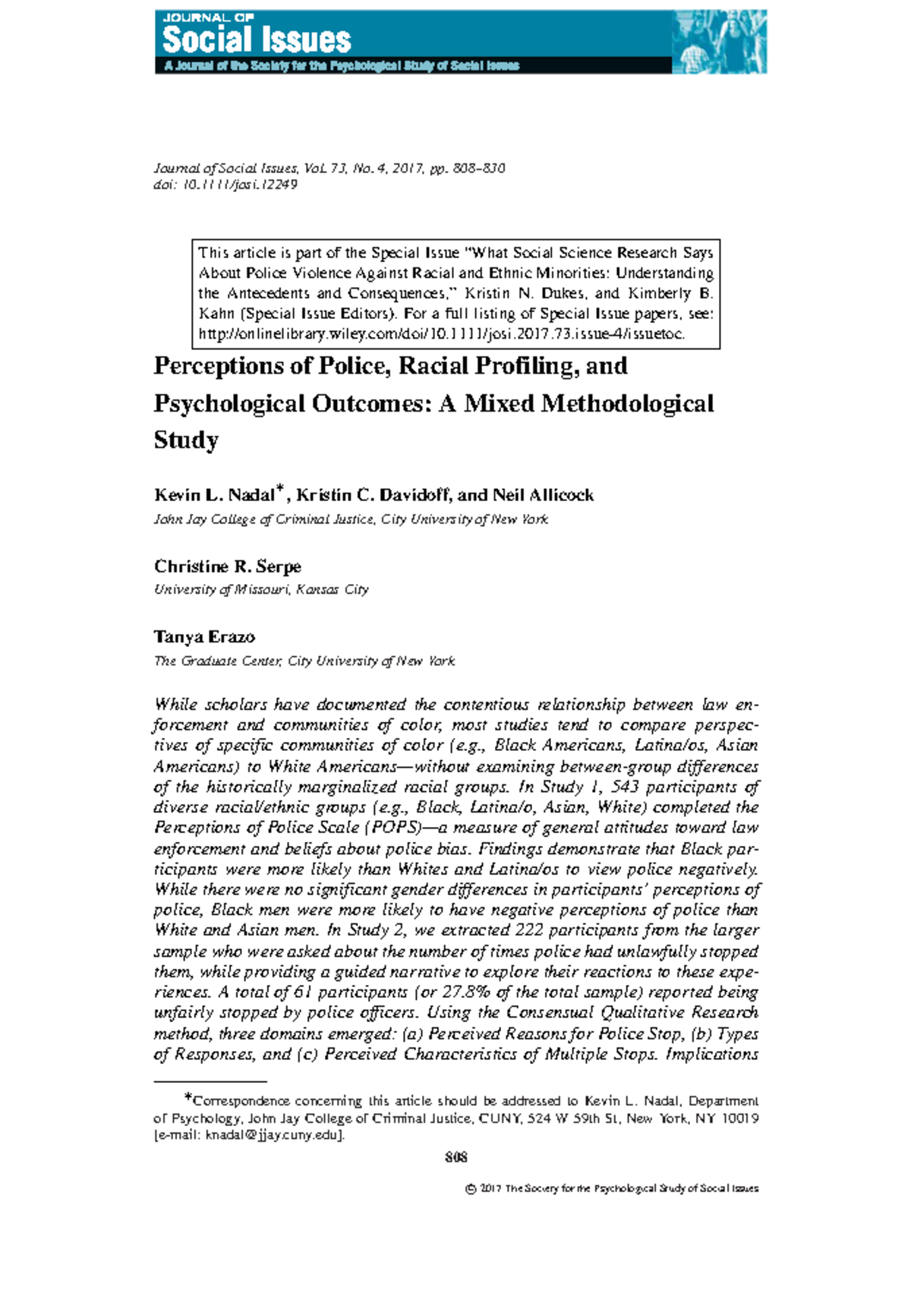 Article - Journal of Social Issues, Vol. 73, No. 4, 2017, pp. 808- doi ...