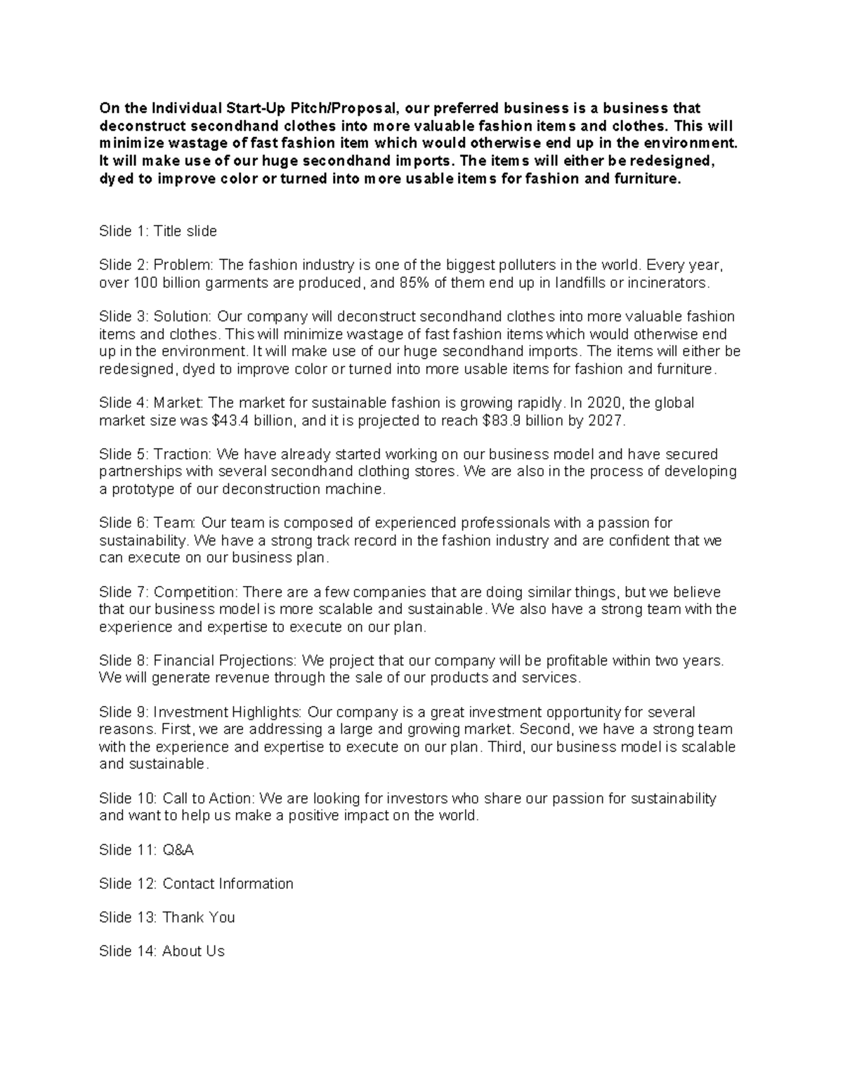 Start up Proposal - On the Individual Start-Up Pitch/Proposal, our ...