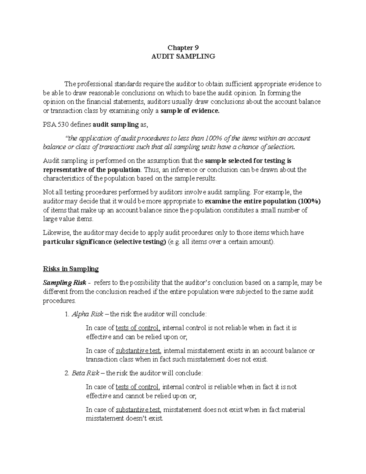 Audit Sampling Report summary of the whole lesson - Chapter 9 AUDIT ...