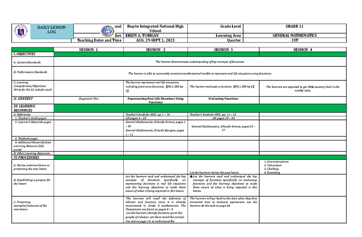 GEN.MATH - DLL - School Ibayiw Integrated National High School Grade ...