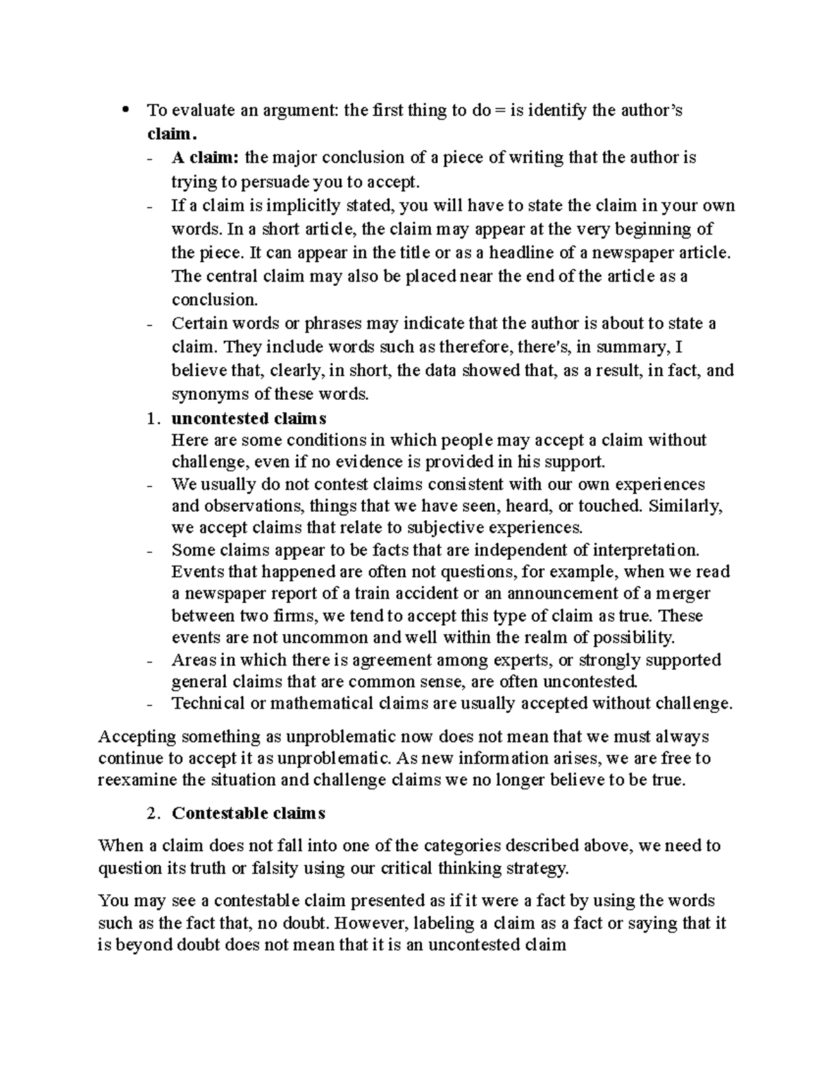 Chapter 2 Claims - Book summary - To evaluate an argument: the first ...