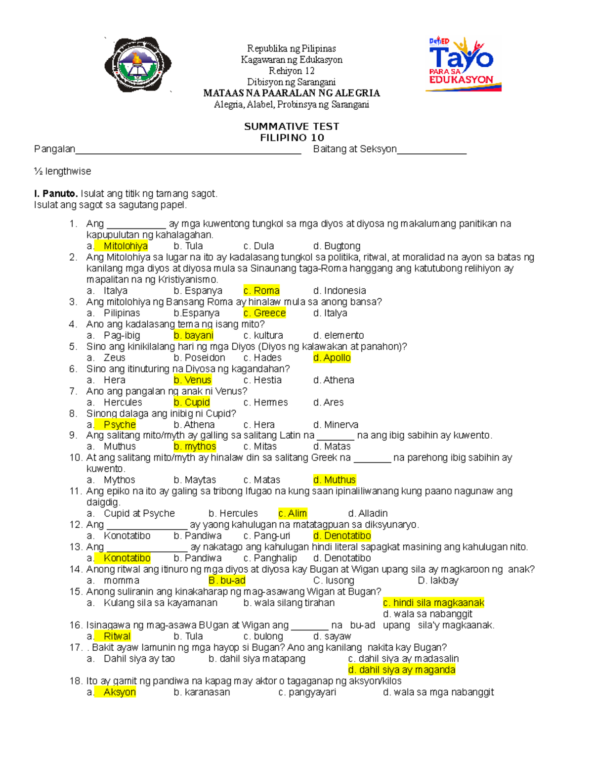 Answer-KEY-1st-grading-exam-in-Filipino-10-2021-2022 - Republika ng ...