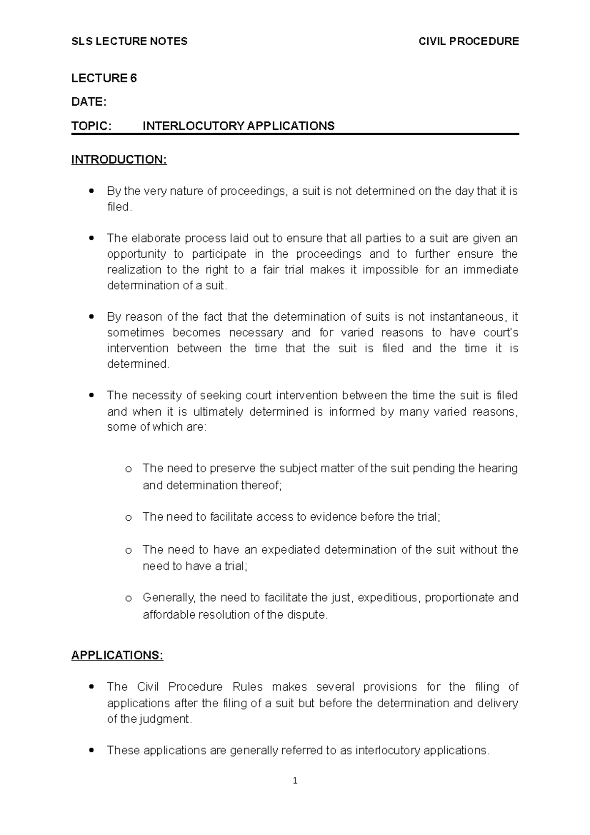 6. Interlocutory Applications - LECTURE 6 DATE: TOPIC: INTERLOCUTORY ...