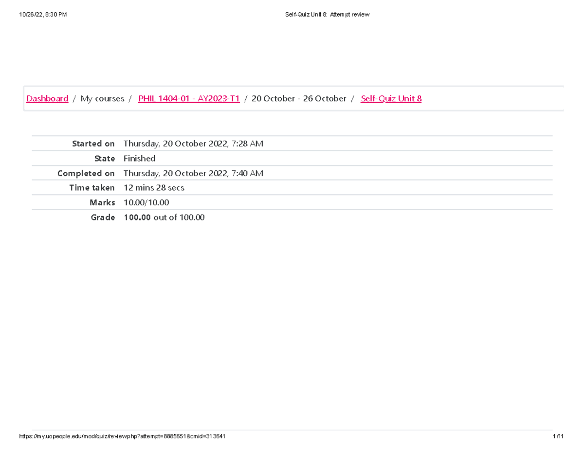 Self-Quiz Unit 8 Attempt review - Started on Thursday, 20 October 2022, 7:28 AM State Finished ...