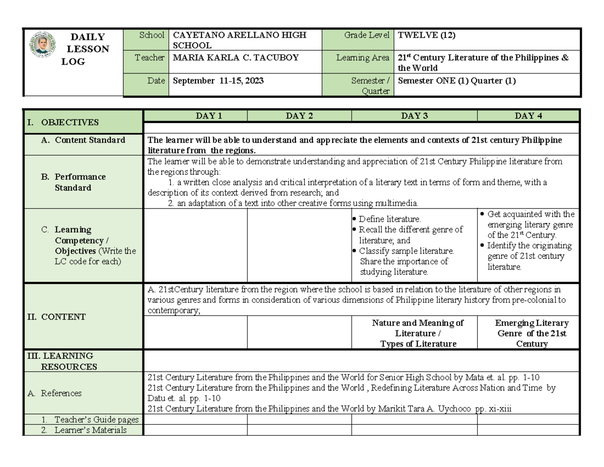 Week 3 - DAILY LESSON LOG School CAYETANO ARELLANO HIGH SCHOOL Grade ...