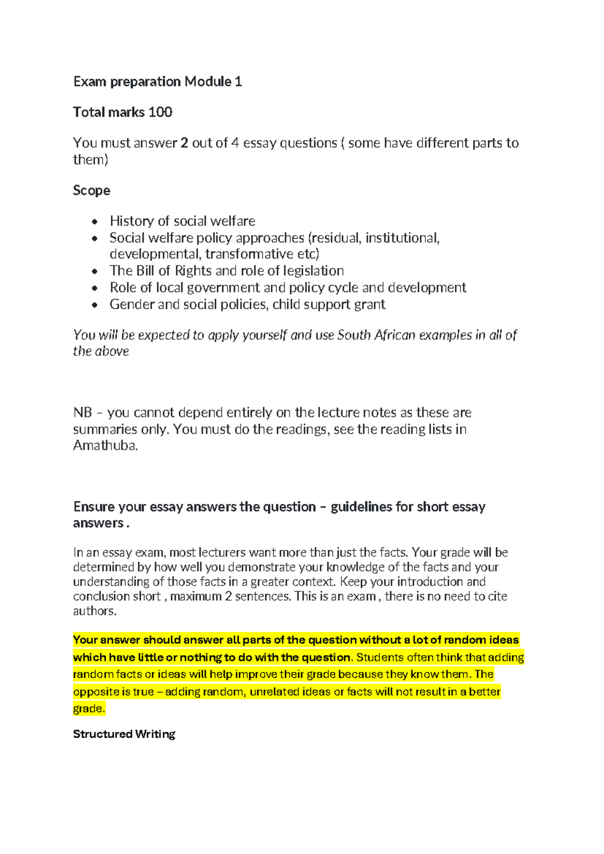 Exam preparation Module 1 - You must do the readings, see the reading lists in Amathuba. Ensure ...