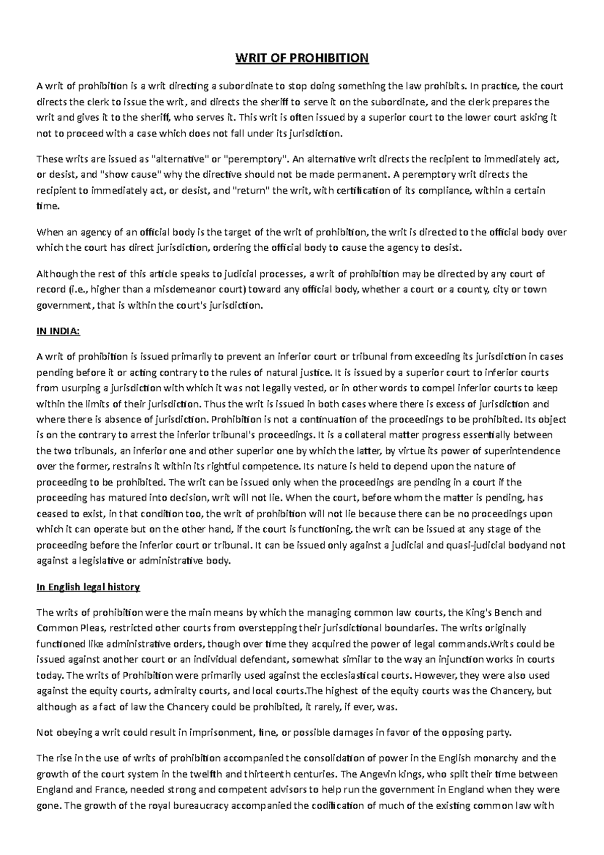 WRIT OF Prohibition - WRIT - WRIT OF PROHIBITION A writ of prohibition ...
