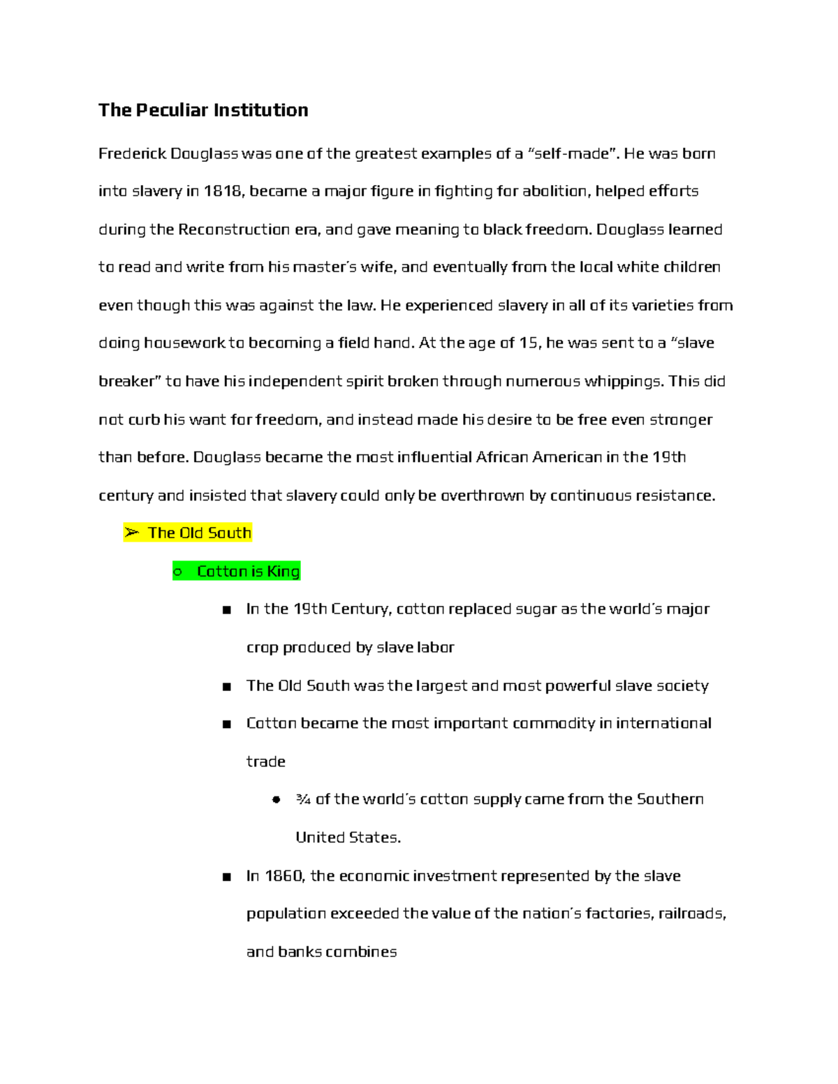 Ch. 11 Summary Notes - The Peculiar Institution Frederick Douglass was ...