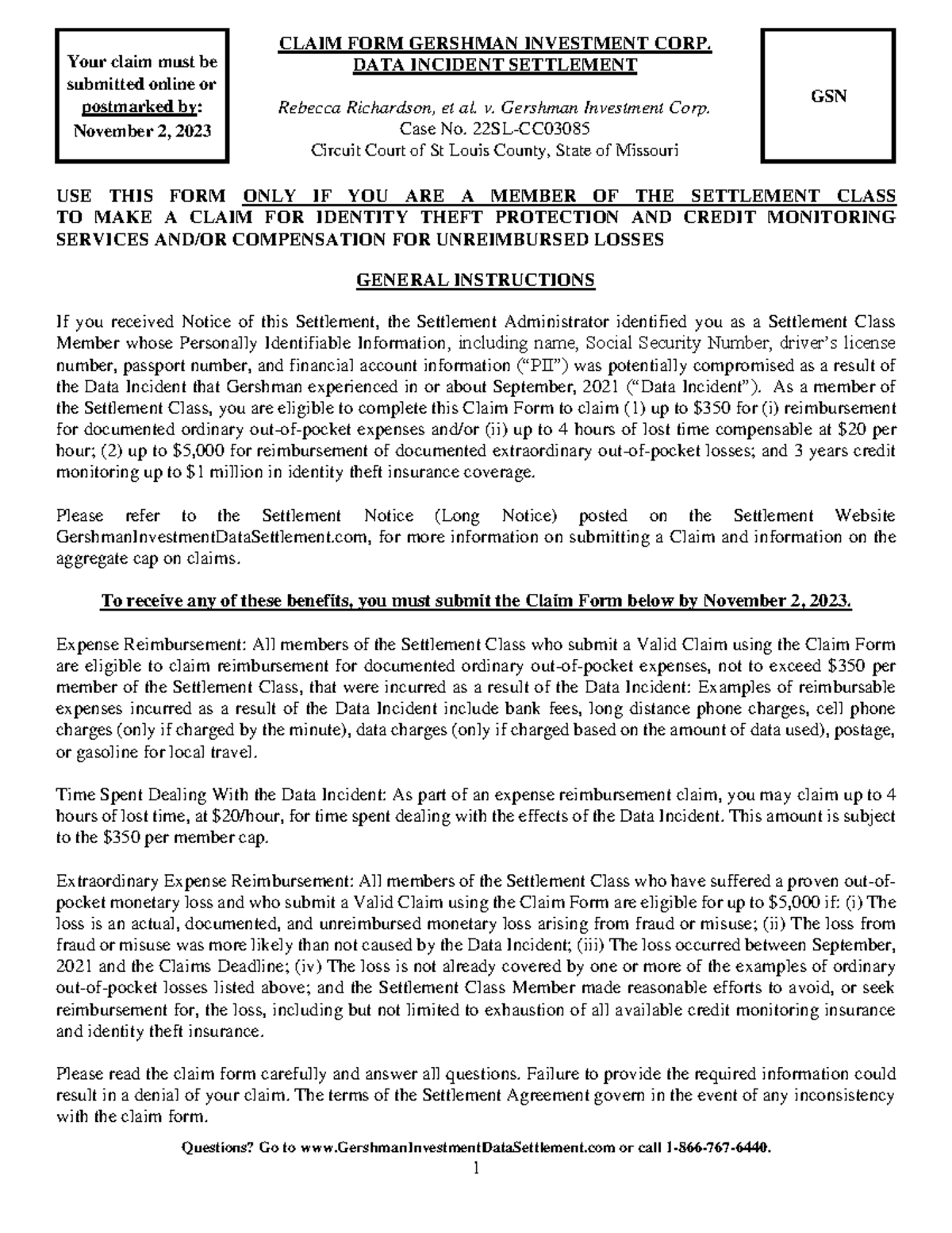 Gershman Claim Form - Good - Your claim must be submitted online or ...