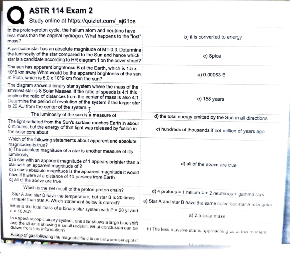EXAM 2 ASTR114 PRACTICE - a ASTR 114 Exam 2 Study on line at quizlet/_ aj61 ps In the proton ...