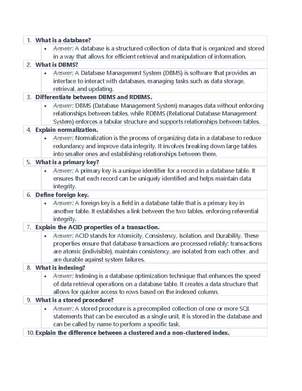 DBMS Notes - 1. What is a database? Answer: A database is a structured ...