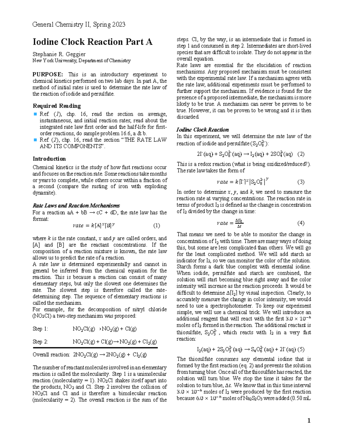 Iodine Clock Part A Sp23 - Iodine Clock Reaction Part A Stephanie R ...
