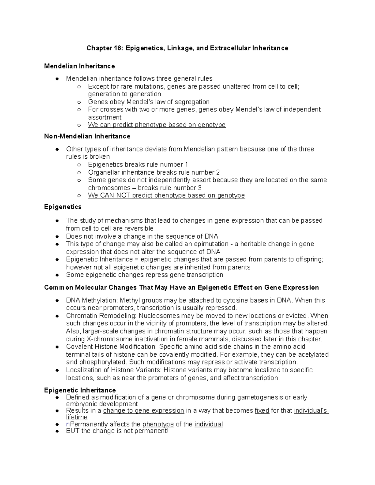 BIO 1200 Chapter 18 Notes - Chapter 18: Epigenetics, Linkage, and ...