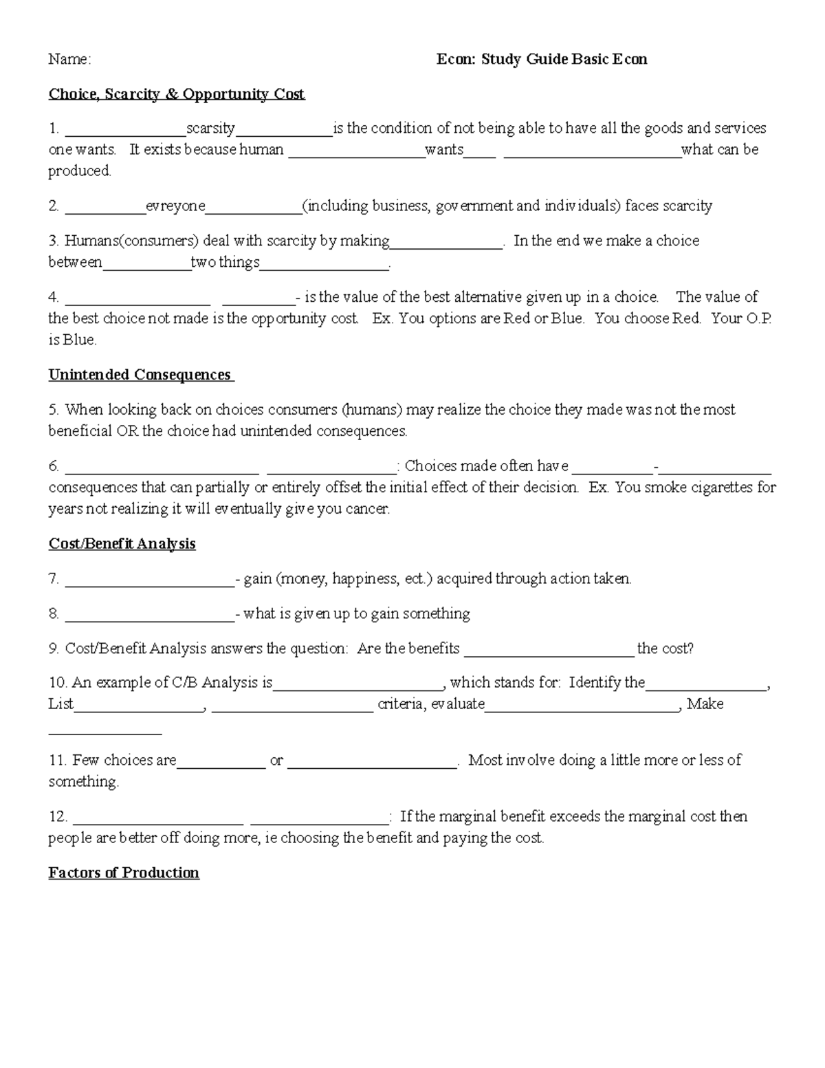 Study Guide Close Notes Unit One Basic Econ 1 - Name: Econ: Study Guide ...