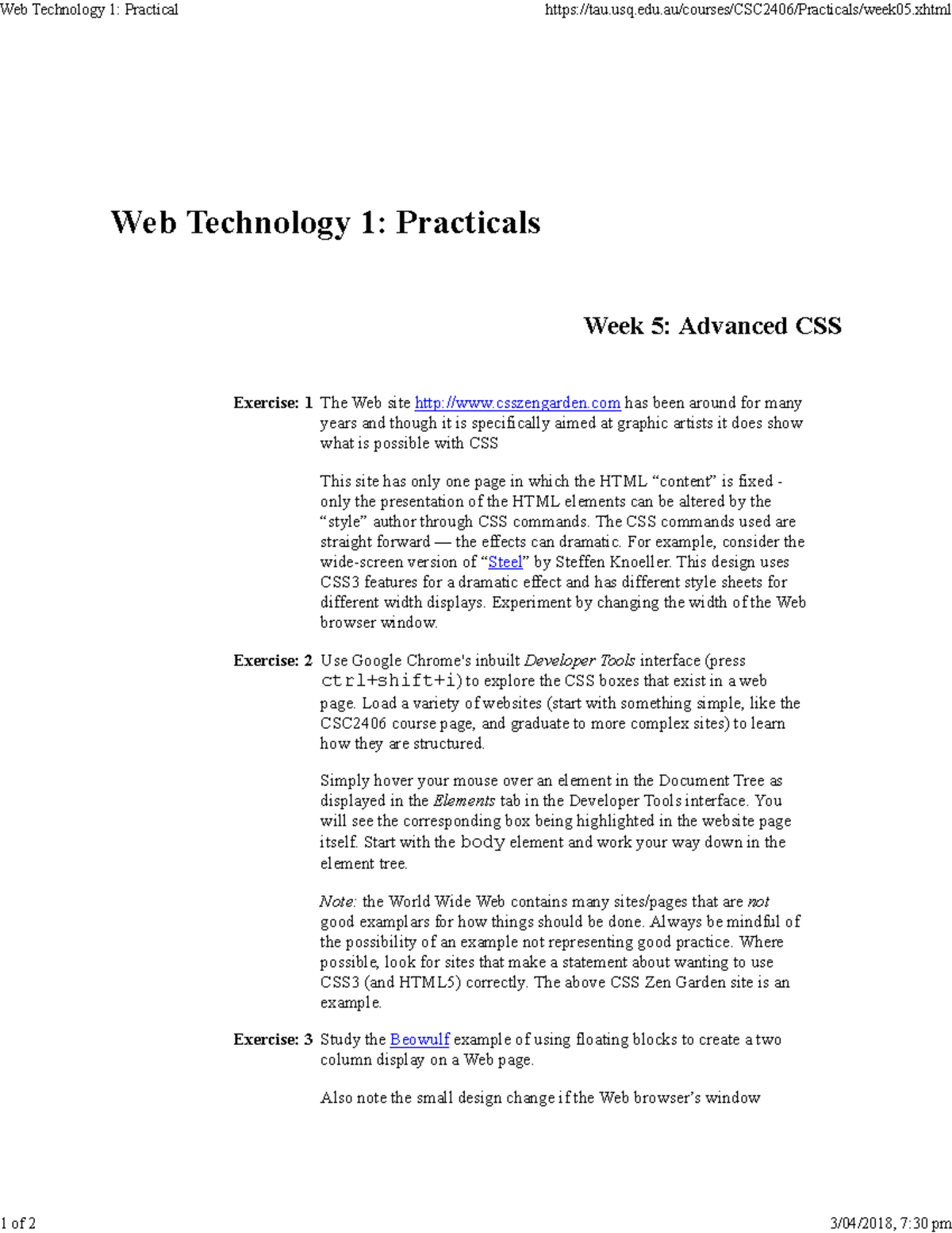 Pratical - Week 5 - Practical Exercises - Web Technology 1: Practical 1 ...