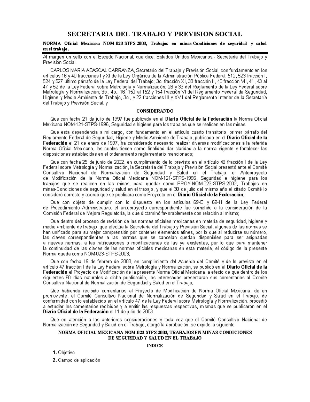 Nom23 - Nom sgs - SECRETARIA DEL TRABAJO Y PREVISION SOCIAL NORMA ...