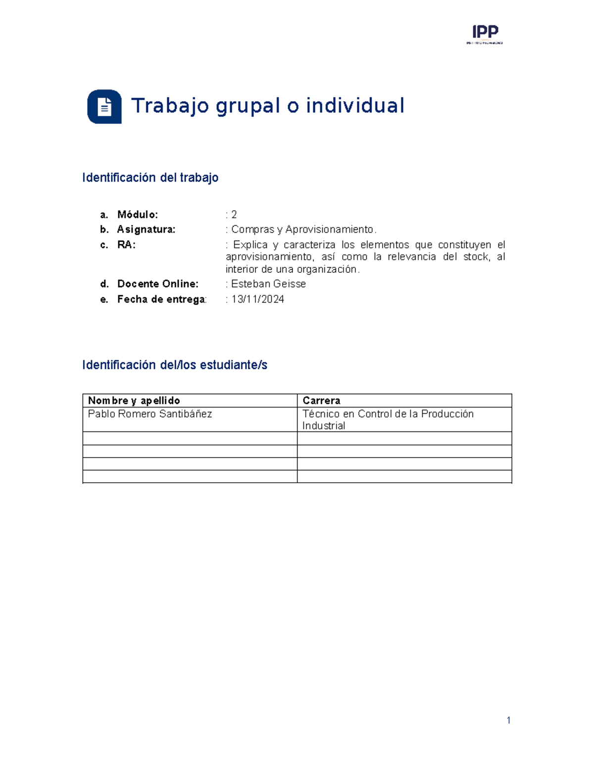 Pablo Romero TI M2 Compras y Aprovisionamiento - Trabajo grupal o individual Identificación del ...
