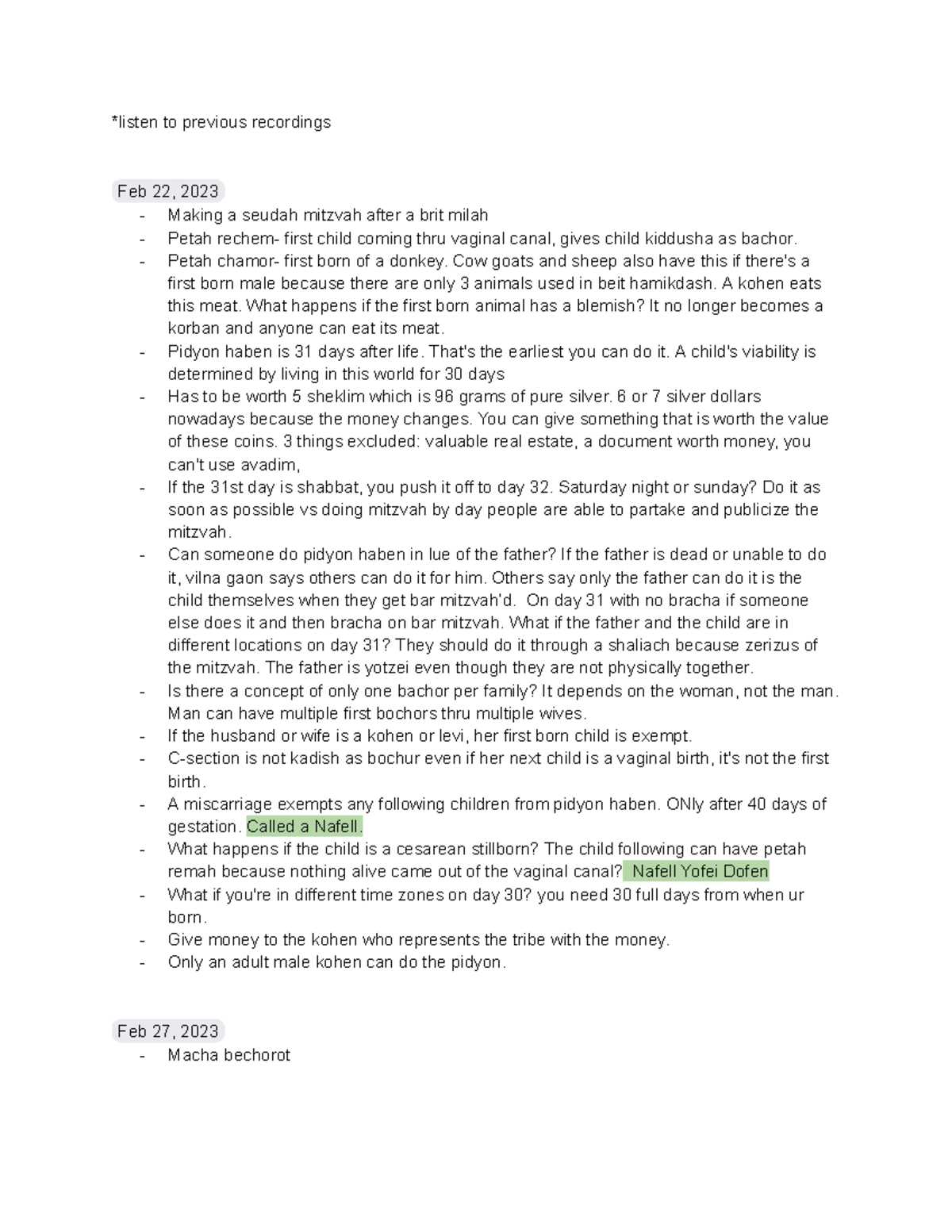 Jewish Life Cycle - notes - *listen to previous recordings Feb 22, 2023 ...