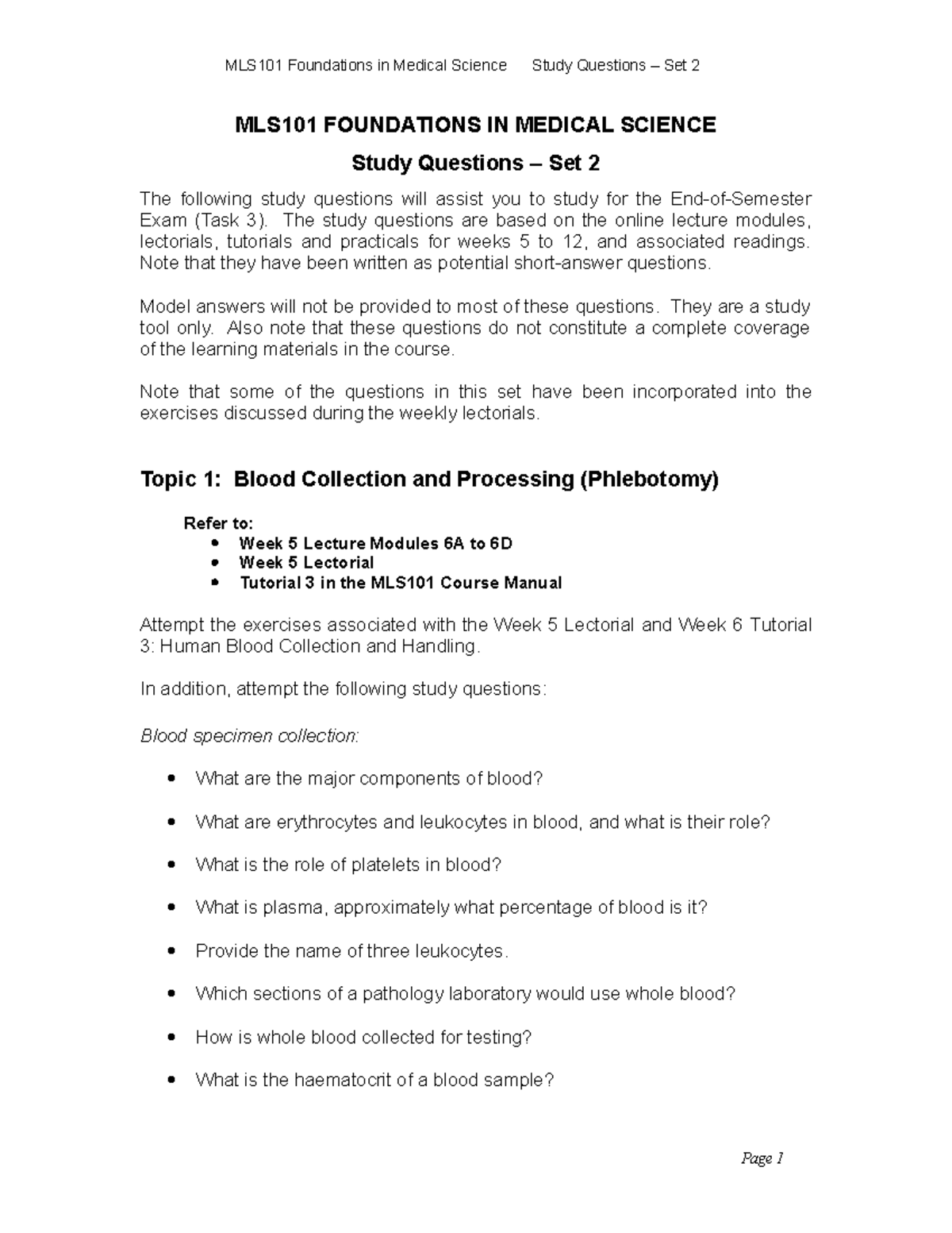 MLS101 Study Qs Set2 2022 190522 - MLS101 FOUNDATIONS IN MEDICAL ...