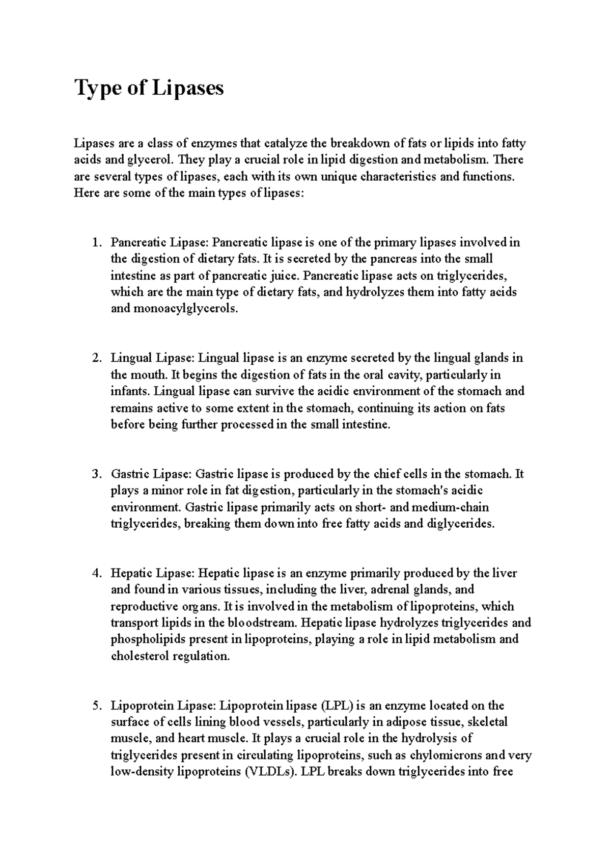 Types of Lipases: Pancreatic Lingual Gastric Hepatic Lipoprotein ...