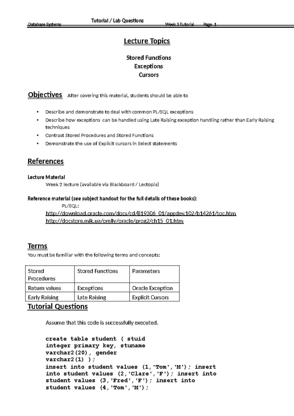 INF2001 0 Week 3 Tutorial Answer - Database Systems Week 3 Tutorial Page 1 Lecture Topics Stored ...