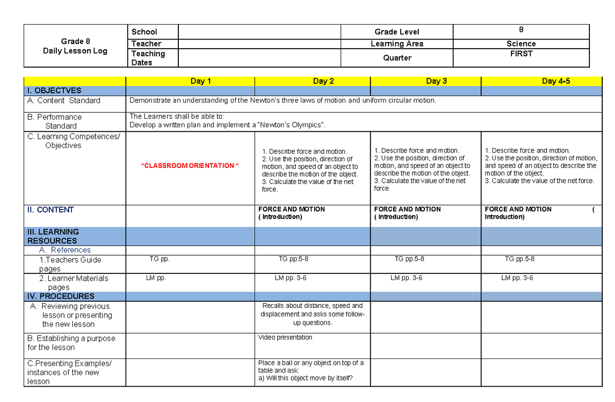 Science 8 - 1st Quarter DLL ALL - Grade 8 Daily Lesson Log School Grade ...