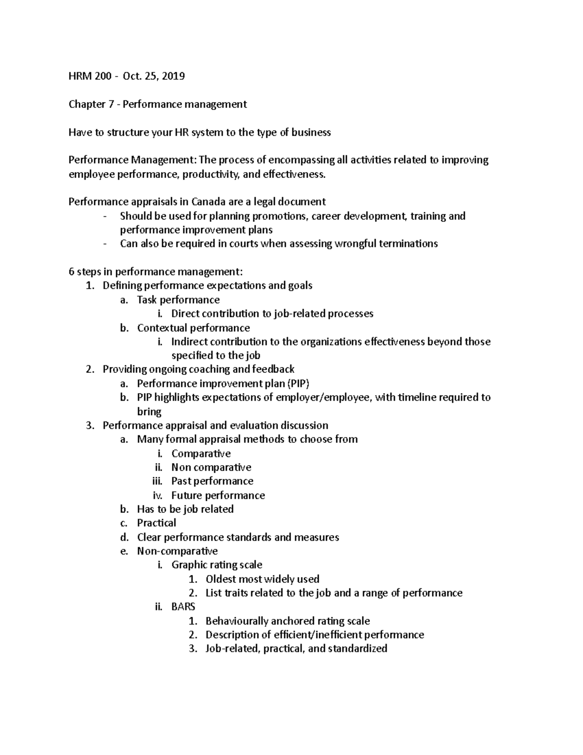 HRM 200 - Notes - HRM 200 - Oct. 25, 2019 Chapter 7 - Performance ...