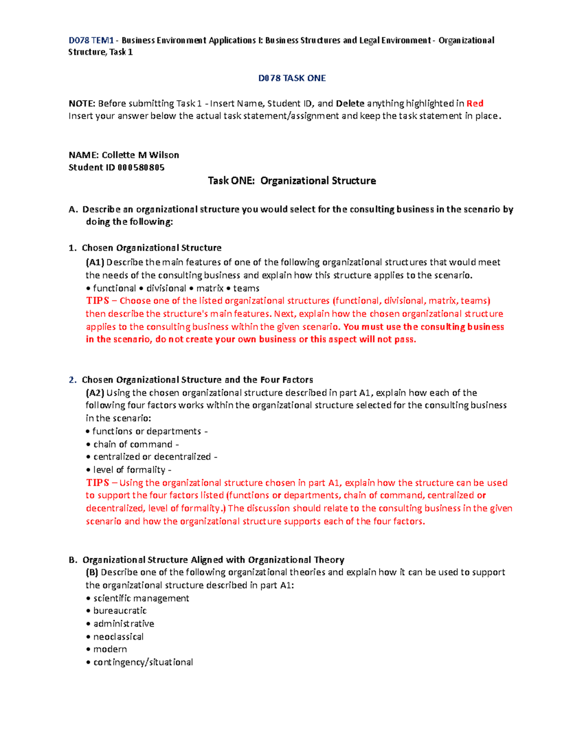 D078 Task 1 Template - D078 TEM1 - Business Environment Applications I ...