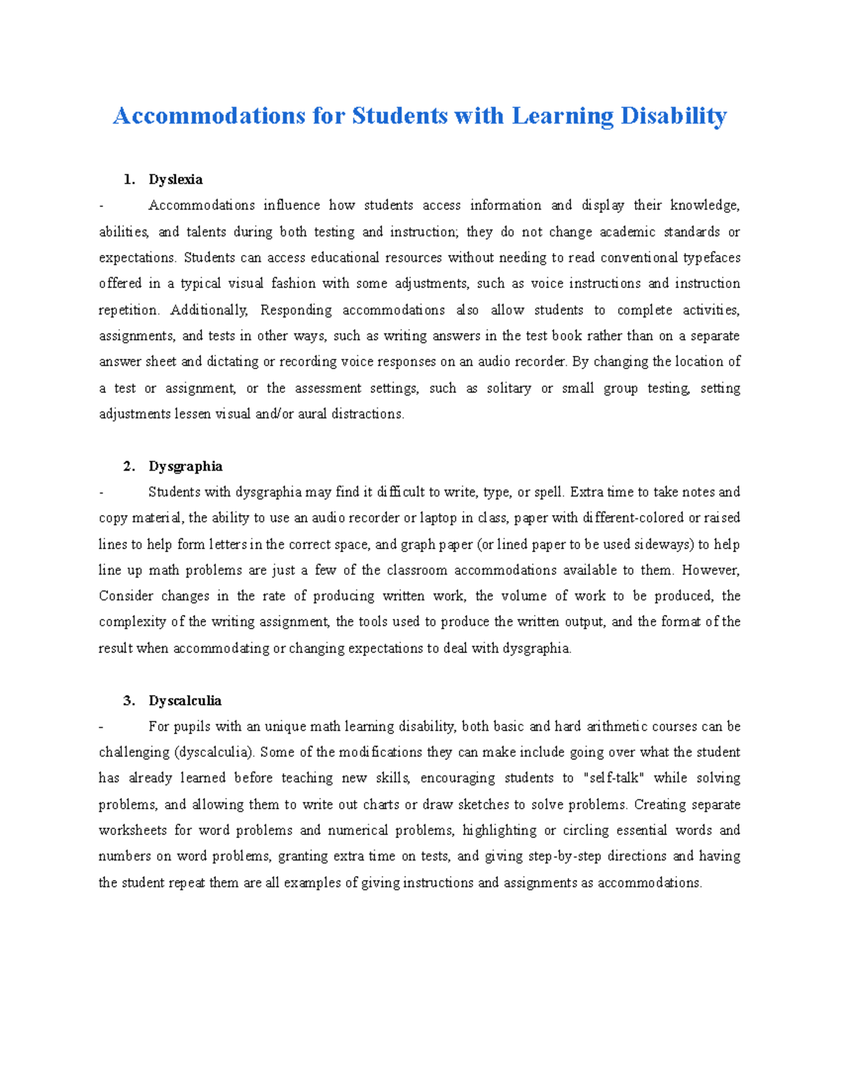 Accommodations for Students with Learning Disability - Dyslexia ...