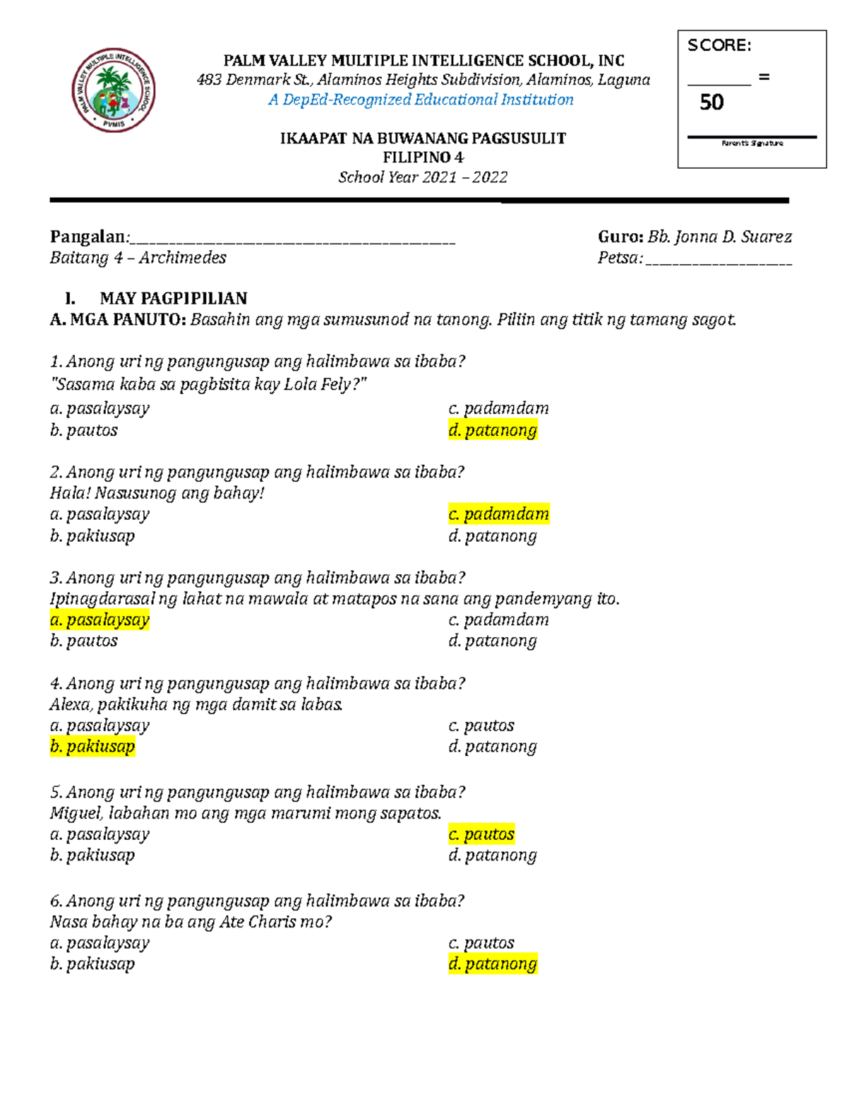 Filipino-4 - Works/Notes/Exams - PALM VALLEY MULTIPLE INTELLIGENCE ...
