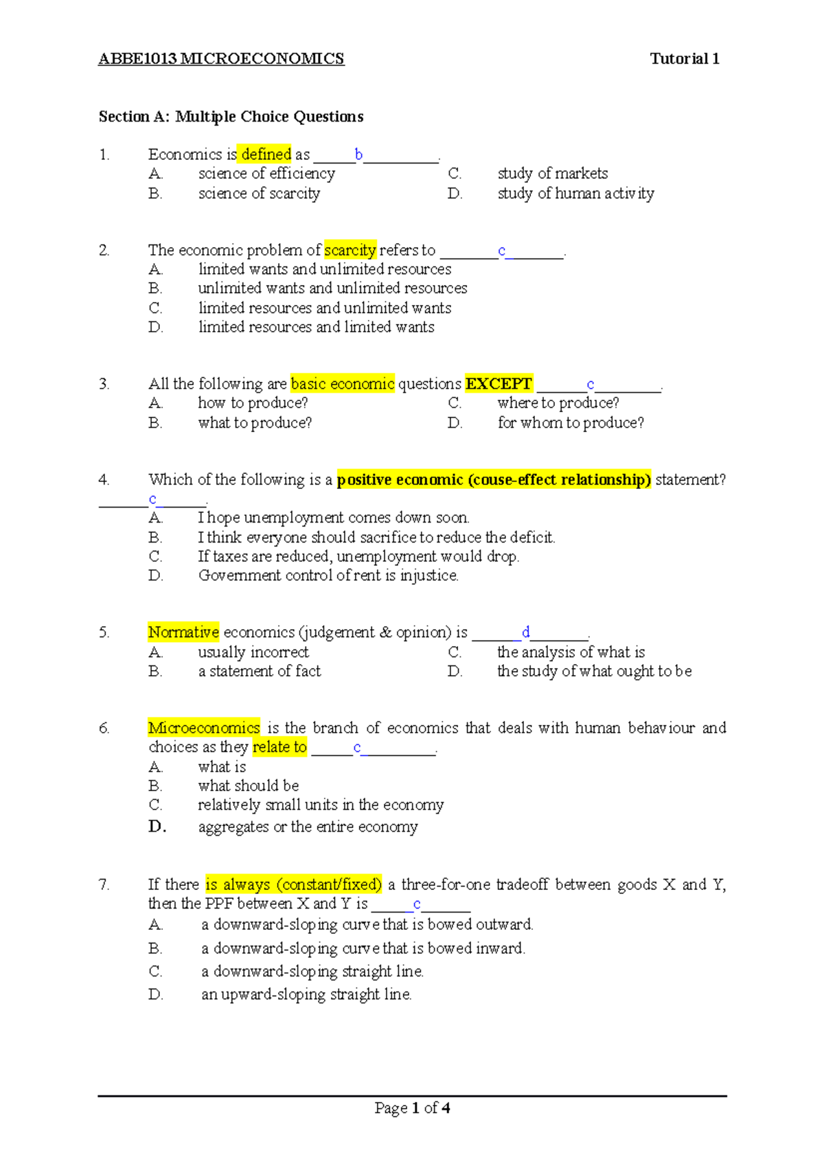 Tutorial 1 (ECON) - MICRO TTR 1 - Section A: Multiple Choice Questions ...