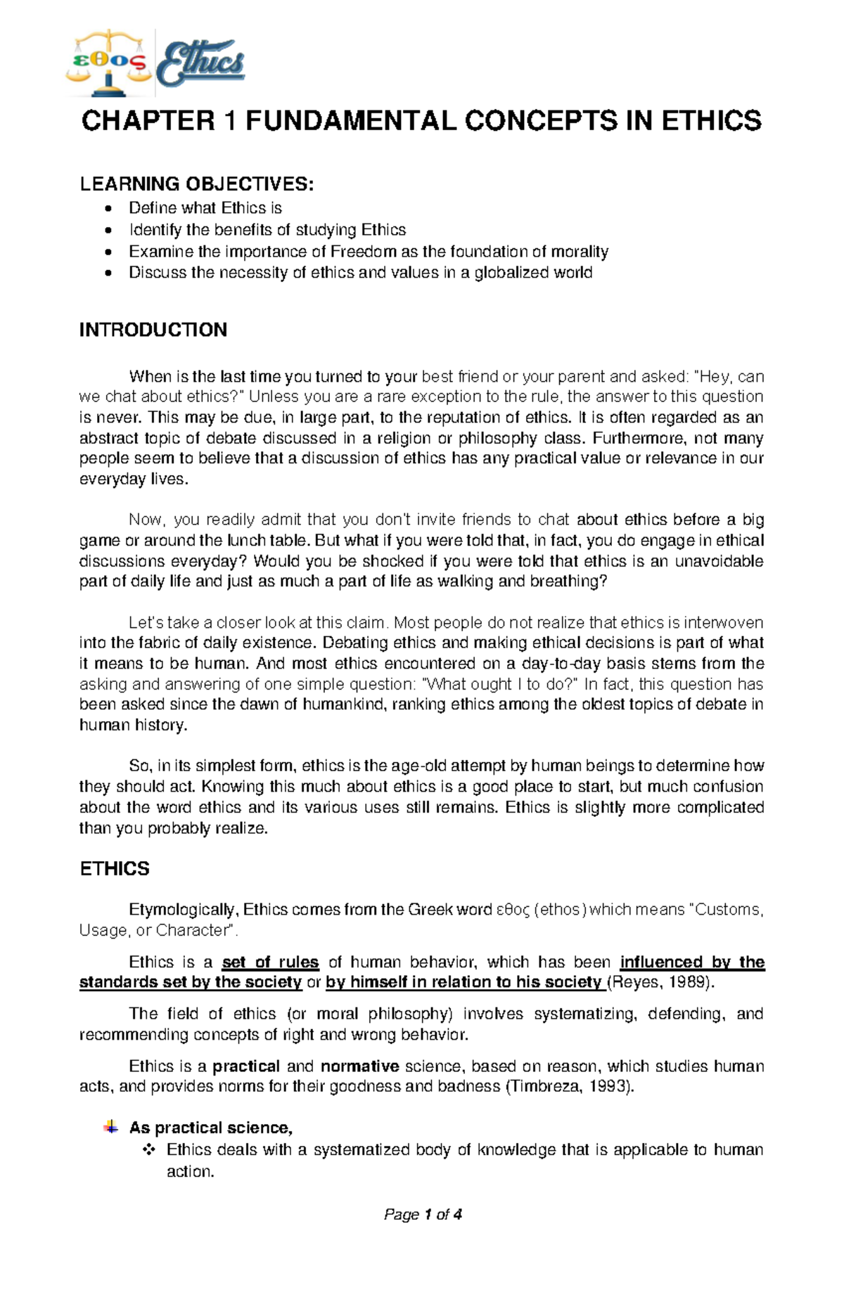 Chapter 1 Reading Material - CHAPTER 1 FUNDAMENTAL CONCEPTS IN ETHICS LEARNING OBJECTIVES ...
