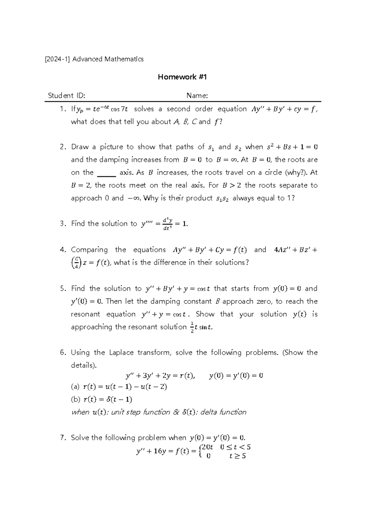 HW#1 - [ 2024 - 1] Advanced Mathematics Homework # Student ID: Name: If 𝑦 ! = 𝑡𝑒 "#$ cos 7 𝑡 ...