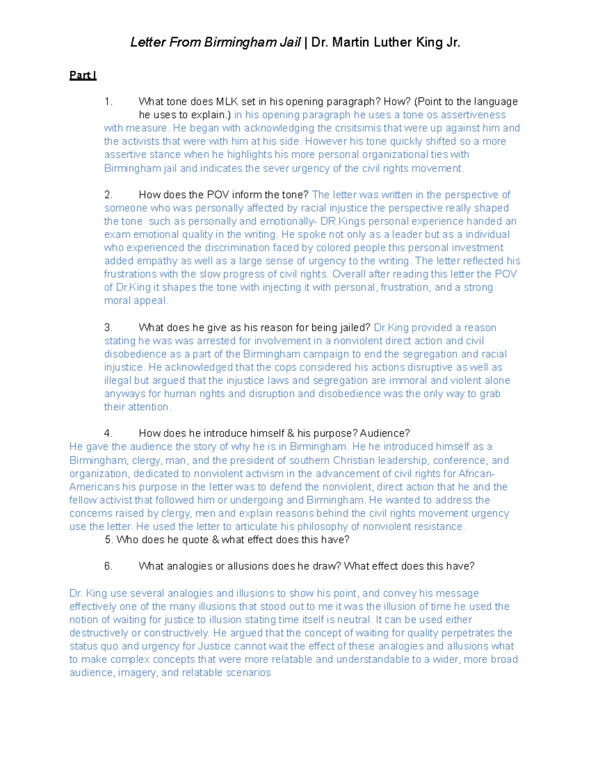 MLK's Letter from Birmingham Jail Questions-2 2 - Part I 1. What tone ...