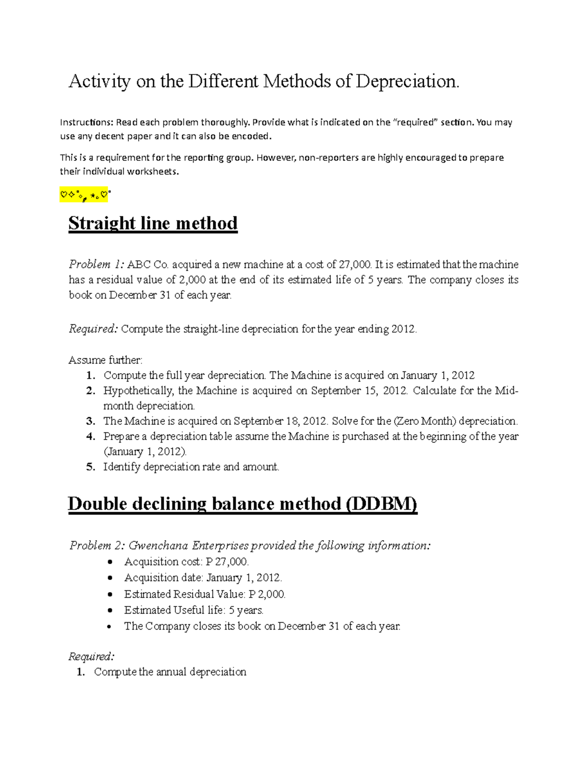 Activity Depreciation - Activity on the Different Methods of ...