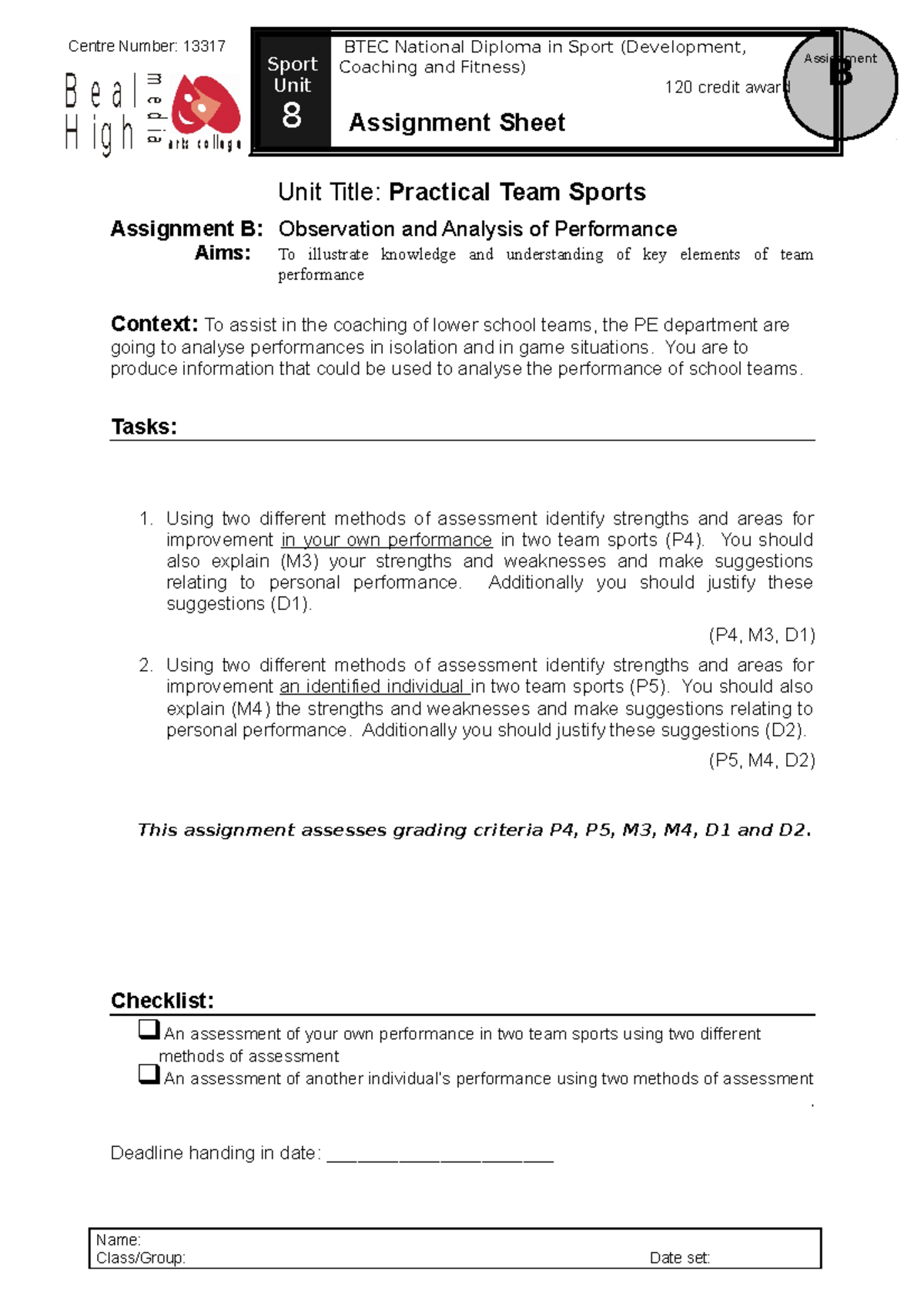 Practical 8B - practise - B Assignment Centre Number: 13317 Sport Unit ...