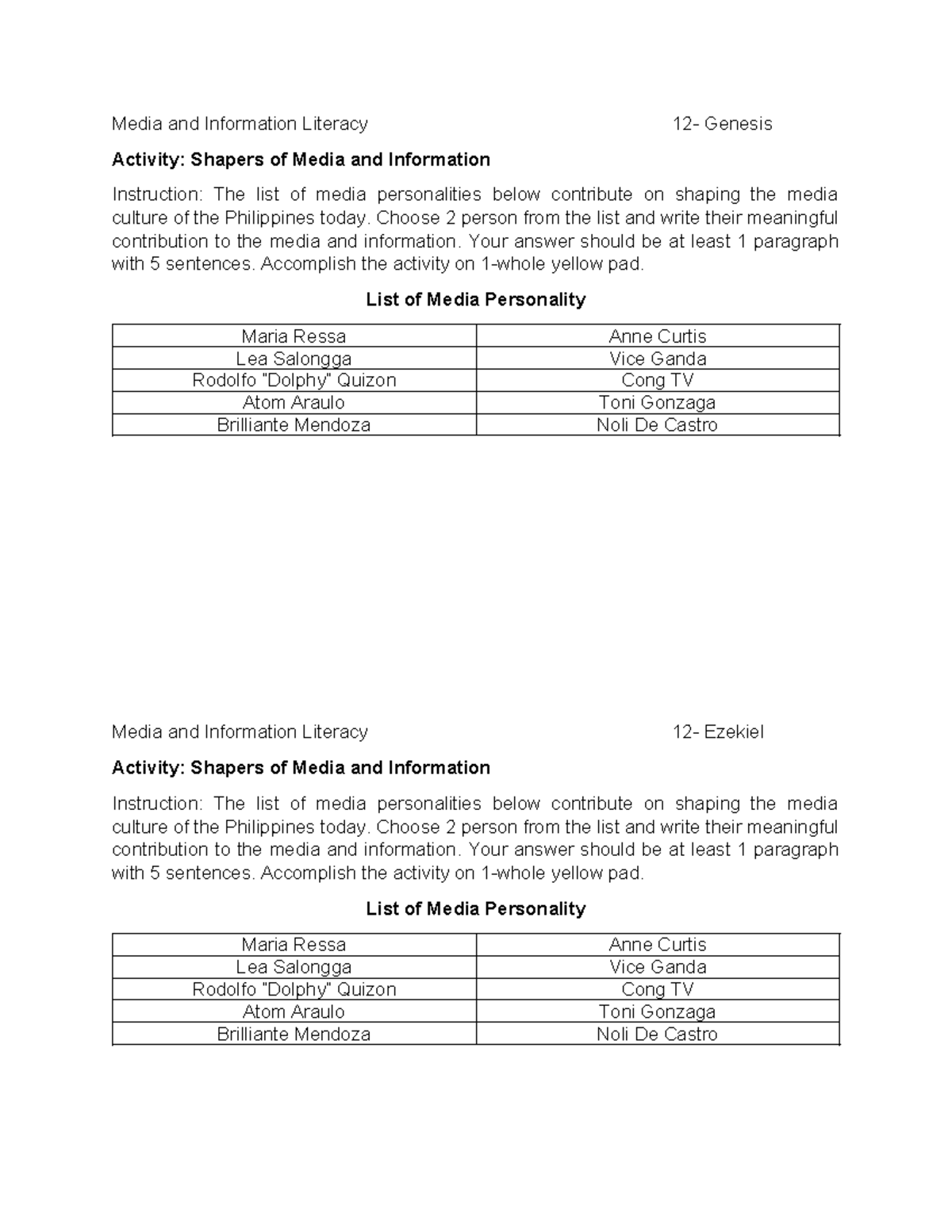 Activity MIL ES - Media and Information Literacy 12- Genesis Activity ...