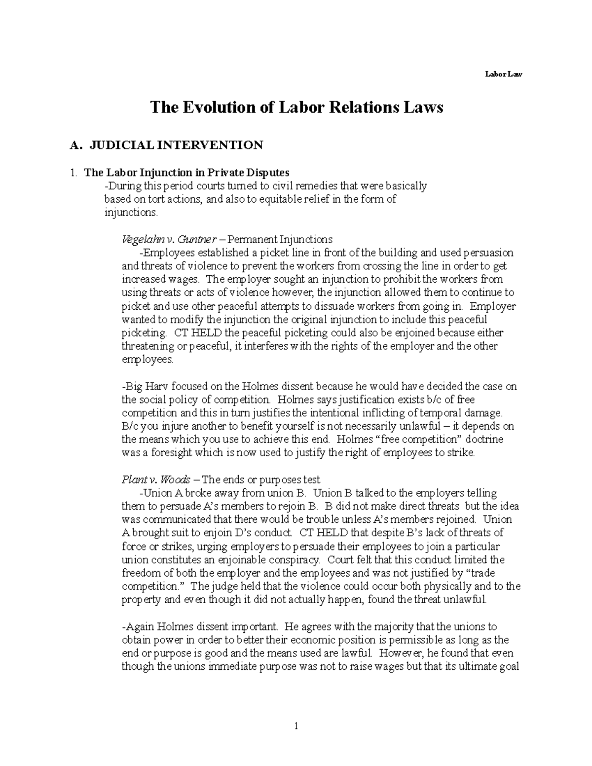 Labor Law Outline - Labor Law The Evolution of Labor Relations Laws A ...