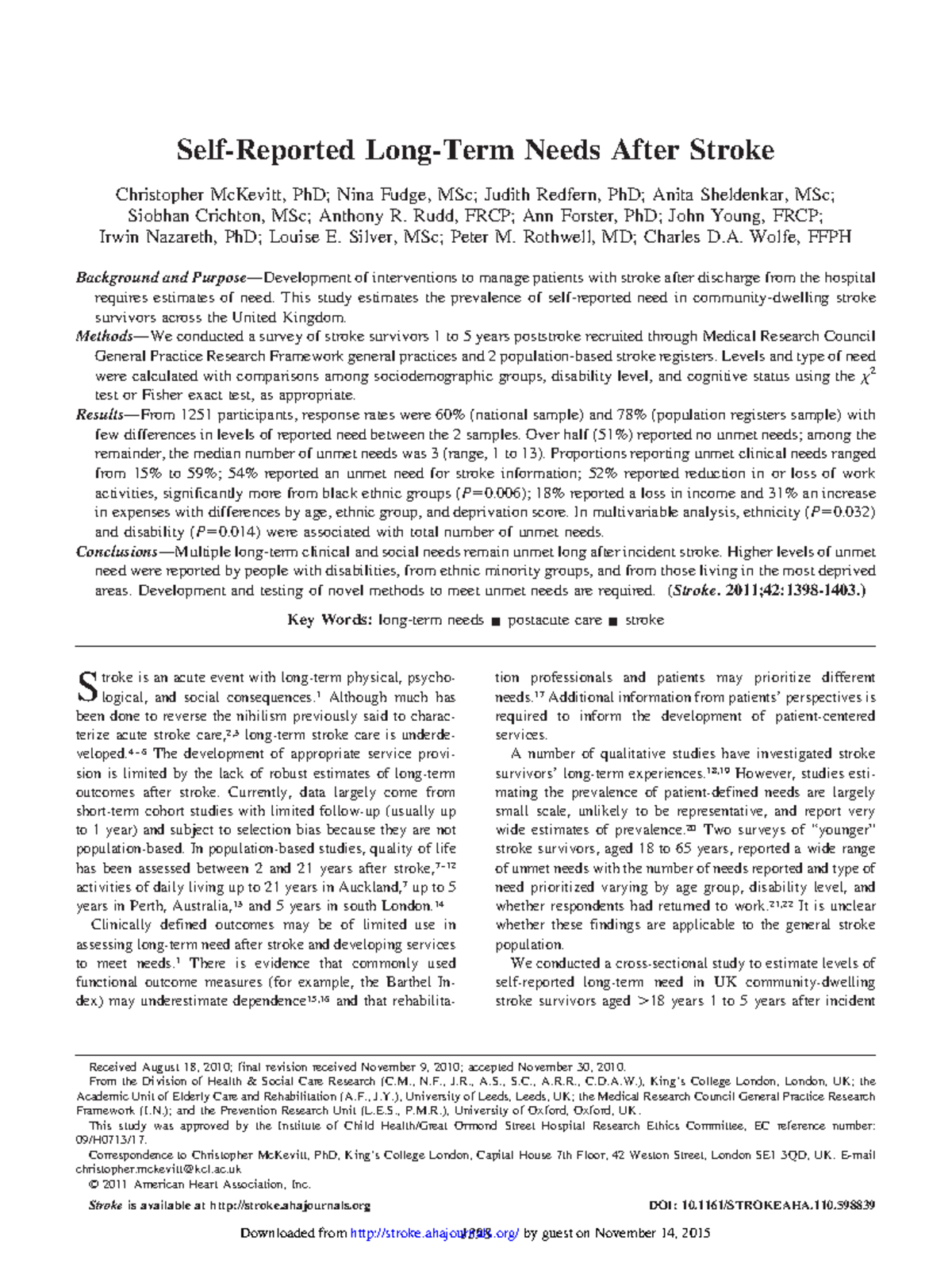 Self-reported long-term needs after stroke - Self-Reported Long-Term ...