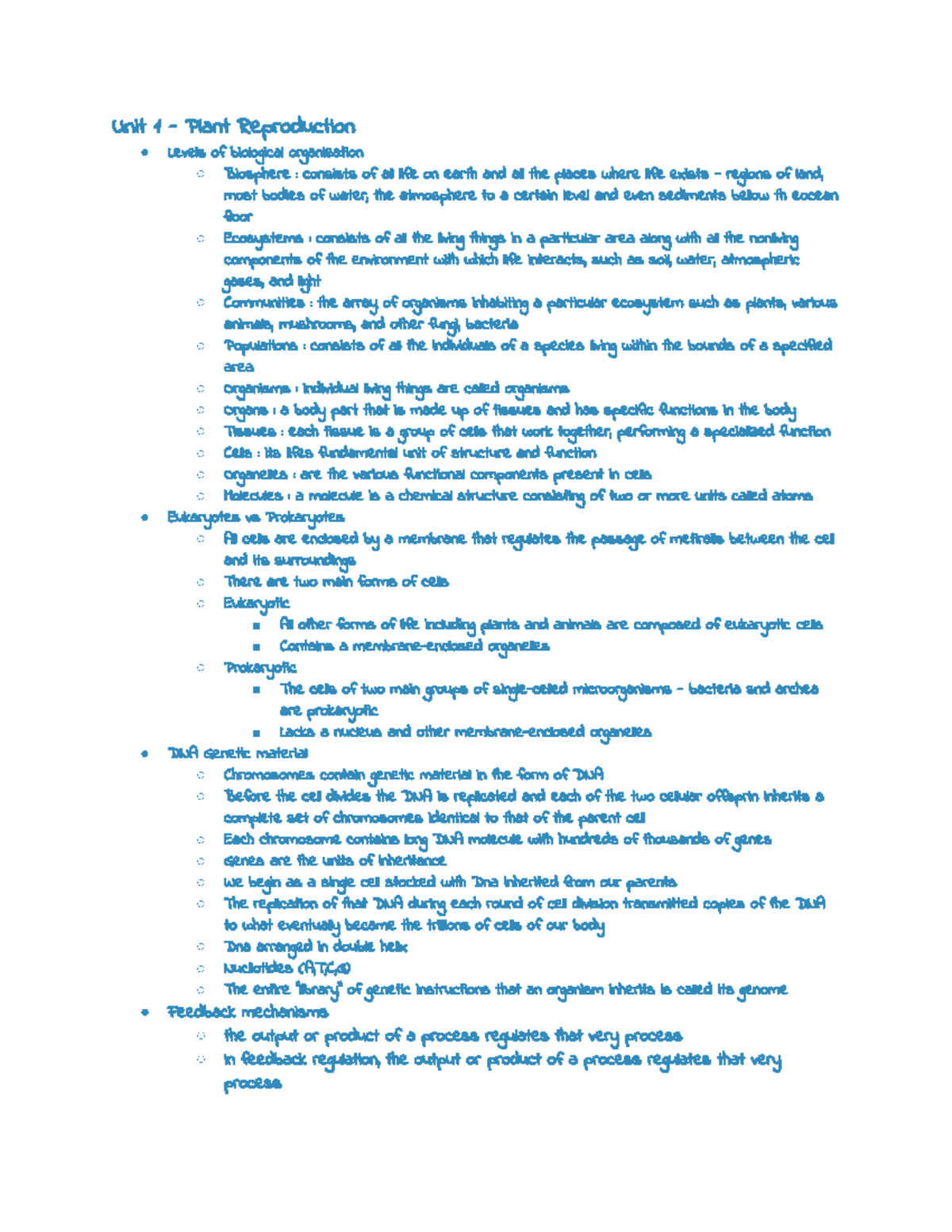 Bio 1050 Notes - Unit 1 - Plant Reproduction Levels of biological ...