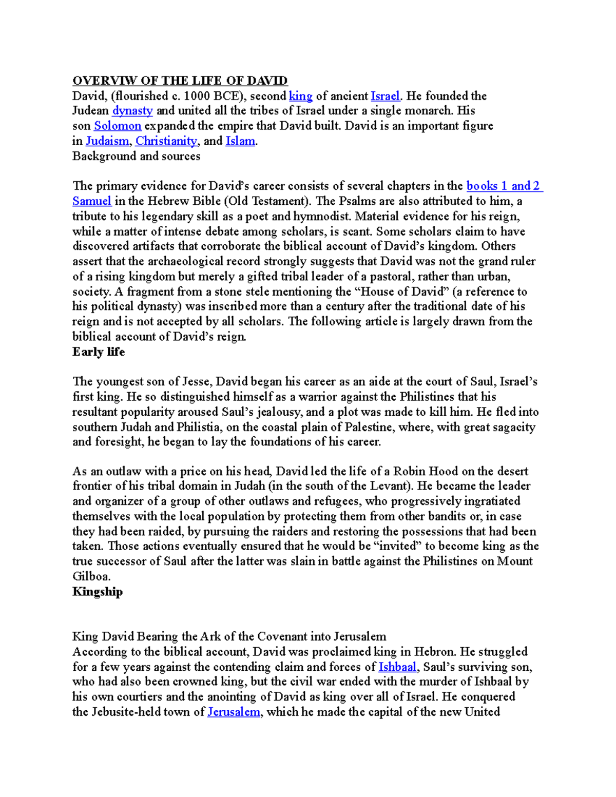 Overview - the life of David - OVERVIW OF THE LIFE OF DAVID David ...