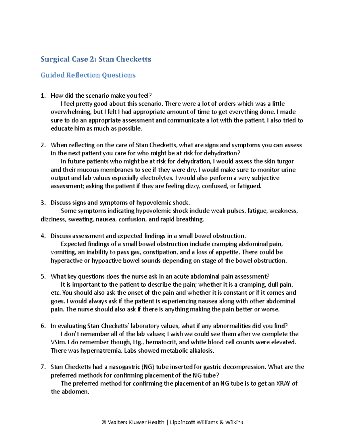 Stan checketts reflection questions - Surgical Case 2: Stan Checketts ...