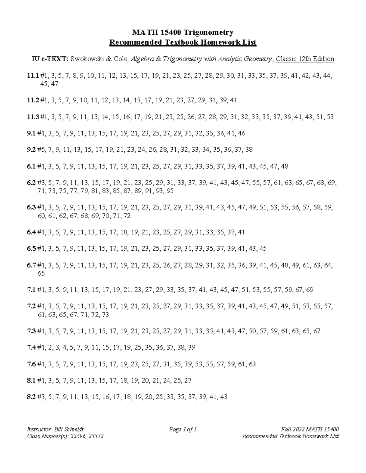 15400 FALL 2023 Recommended Textbook Homework List - Instructor: Bill ...