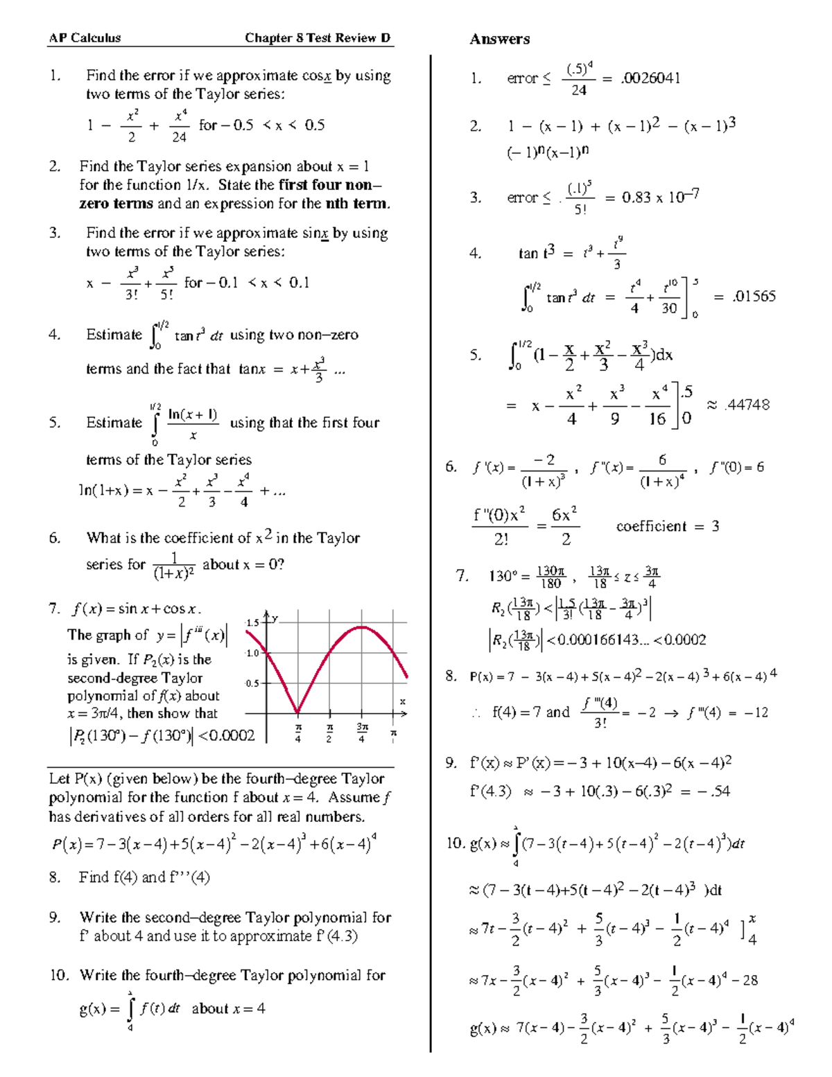Ch 8 Test Review D - AP Calculus Chapter 8 Test Review D Find the error ...