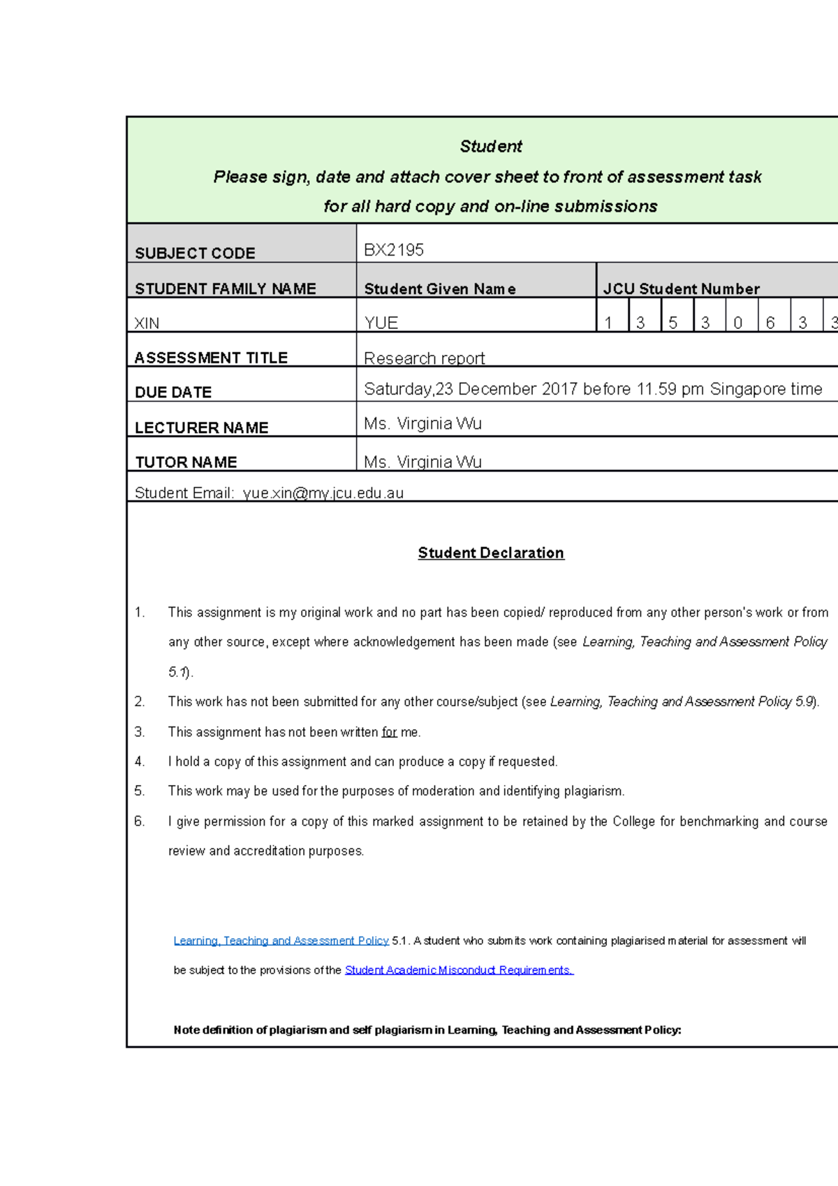 Hospitality-report - Student Please sign, date and attach cover sheet ...